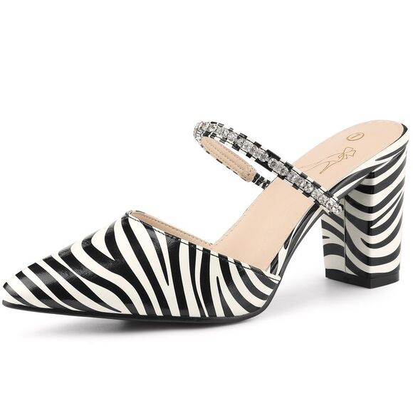 Perphy | Shoes | Pointed Toe Zebra Printed Rhinestones Strap Chunky ...